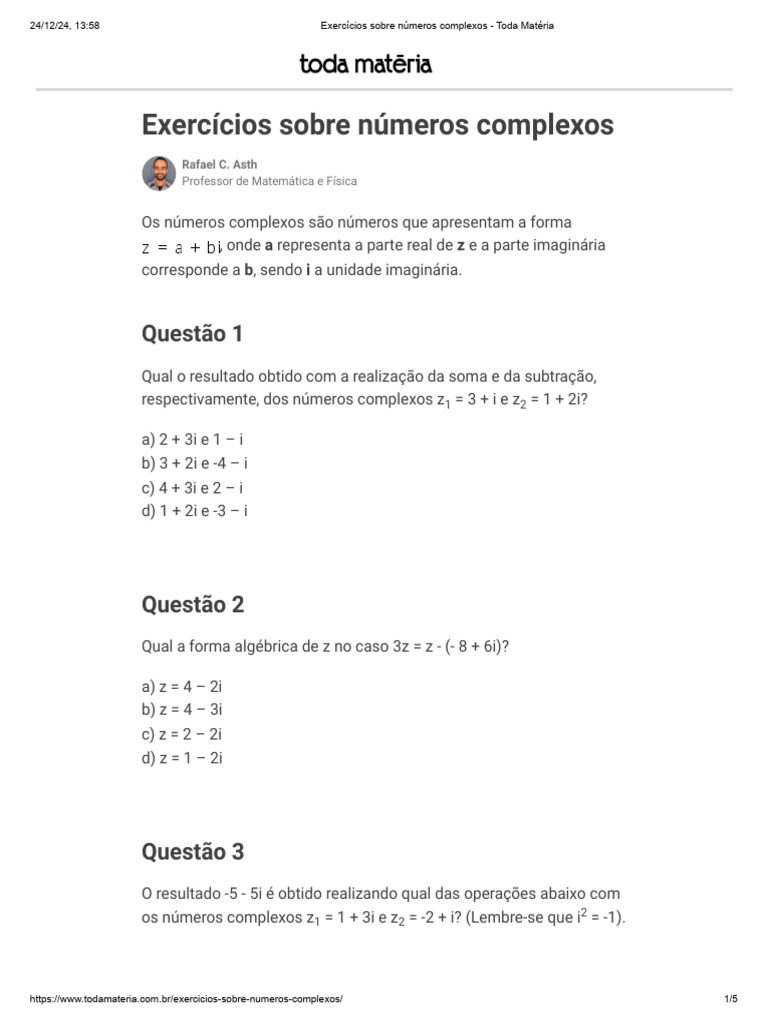 Exercícios Sobre Números Complexos - Toda Matéria | PDF | Número ...