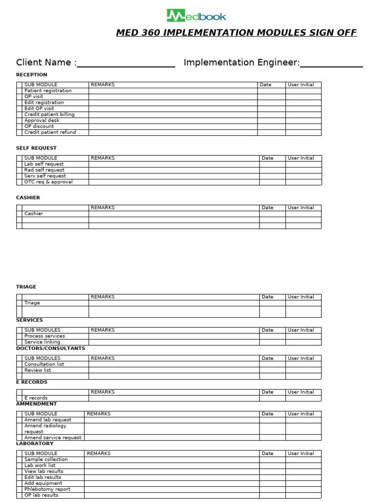 IMPLEMENTATION MODULES Sign Off MEDBOOK KENYA | PDF | Accounts Payable ...
