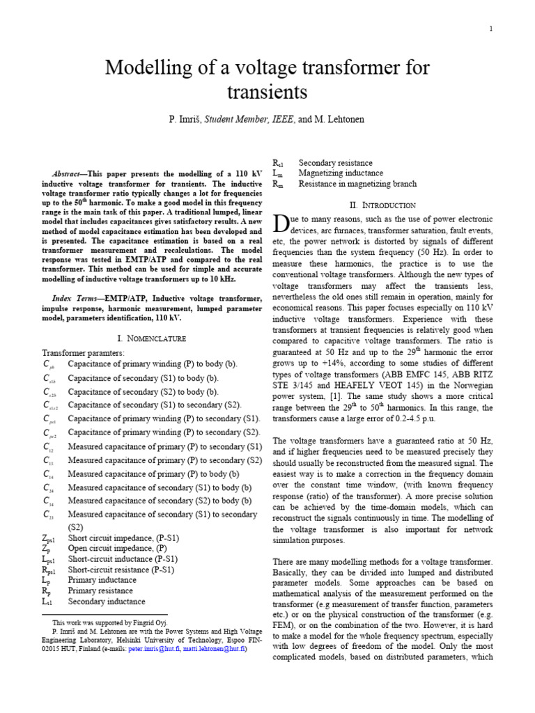 Modelling of A Voltage Transformer For Transients | PDF | Transformer | Electrical Network