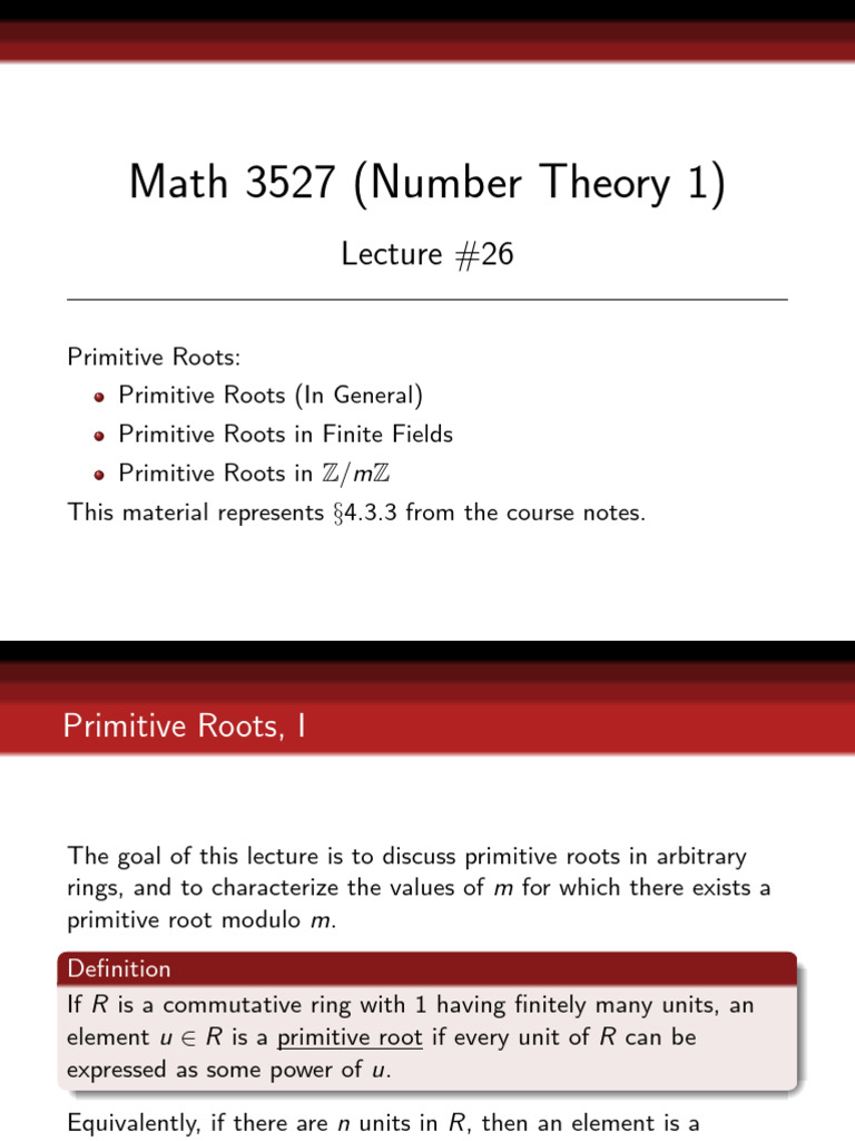 3527 Lecture 26 Primitive Roots | PDF | Field (Mathematics) | Discrete ...