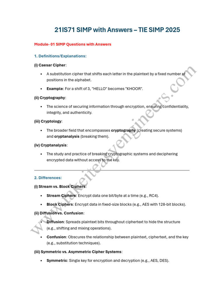 21IS71 SIMP With Answers-Watermarkpdf | PDF | Public Key Cryptography | Key (Cryptography)