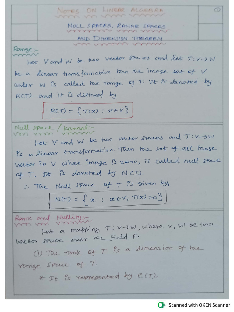 Null Space, Range Space and Dimension THM | PDF