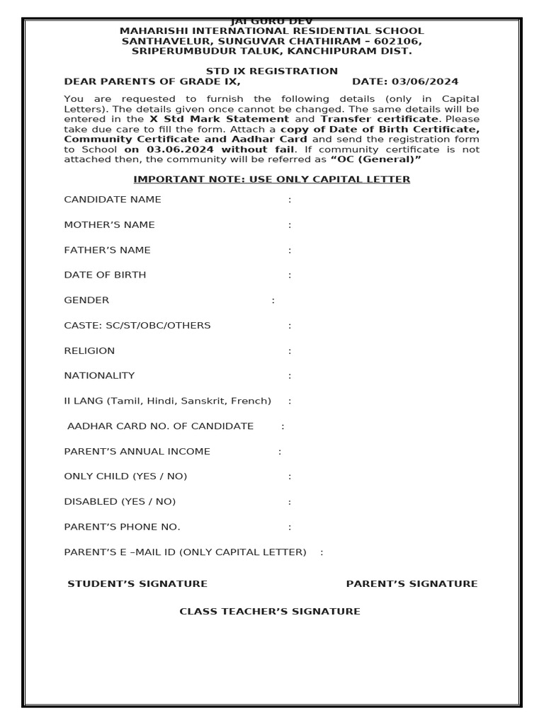 Ix Registration Form-2024-2025 | PDF