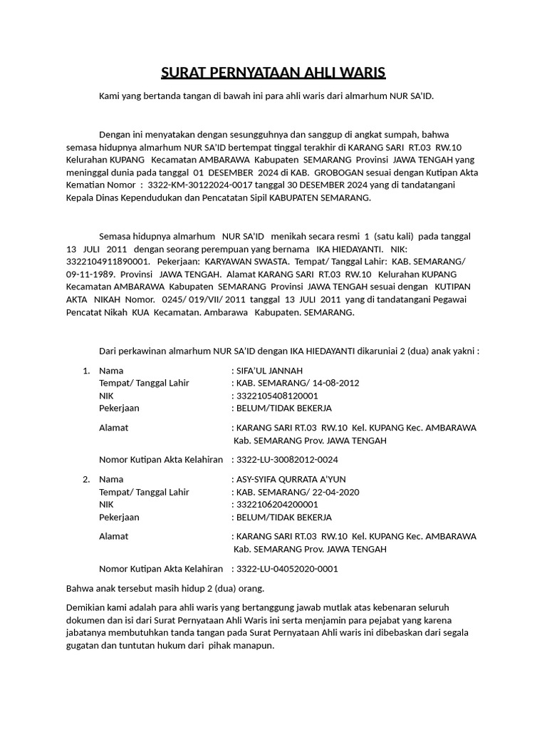 Surat Pernyataan Ahli Waris | PDF