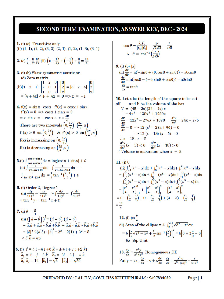 Plus Two Second Term Exam 2024 Maths (Science) Answer Key | PDF