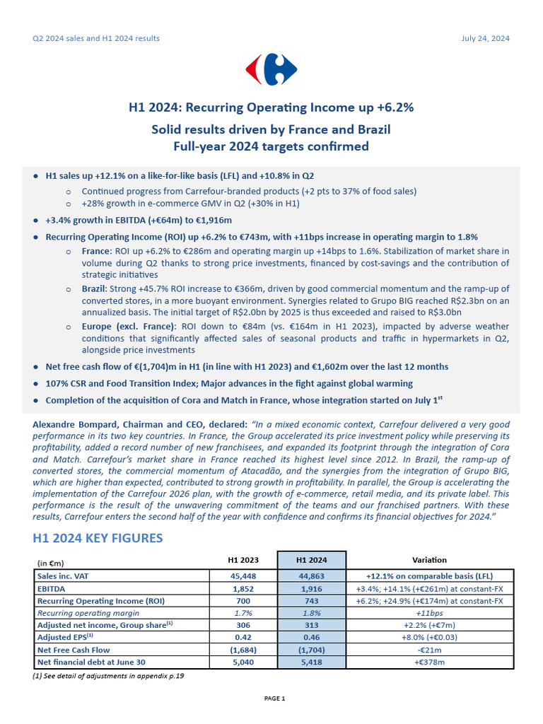 Press release Carrefour Q2+H1 2024_1 | PDF | Free Cash Flow | Economies