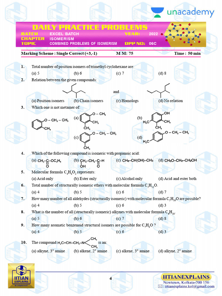 13 DPP 06C Structural Isomerism Excel 1657170228819 | PDF | Isomer | Chemical Substances