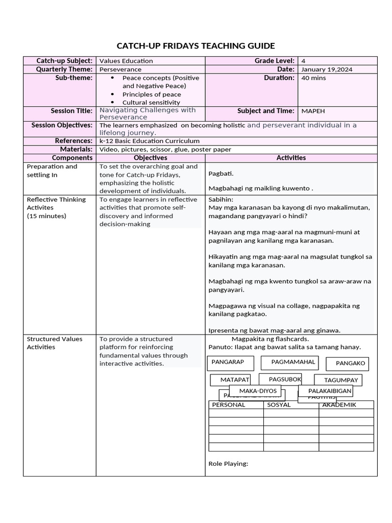Teacher Guide Values Education Perseverance | PDF