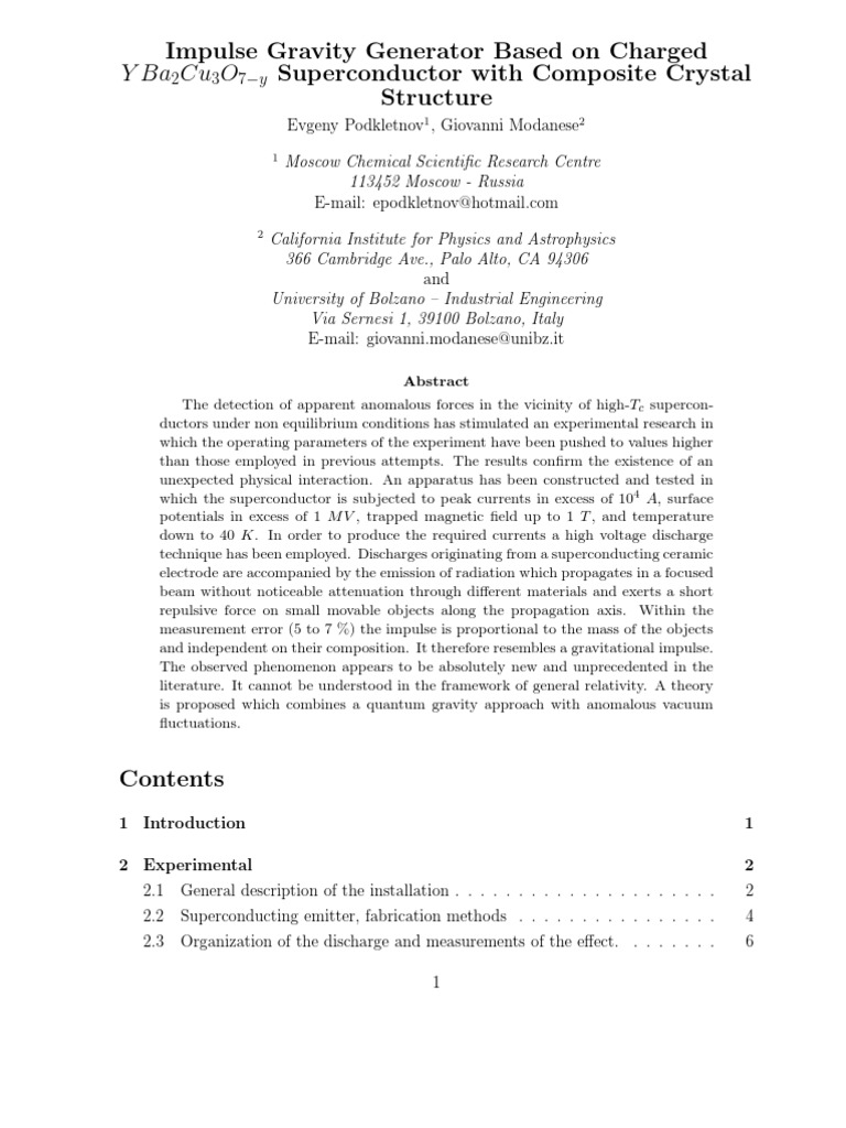Evgeny Podkletnov and Giovanni Modanese - Impulse Gravity Generator ...