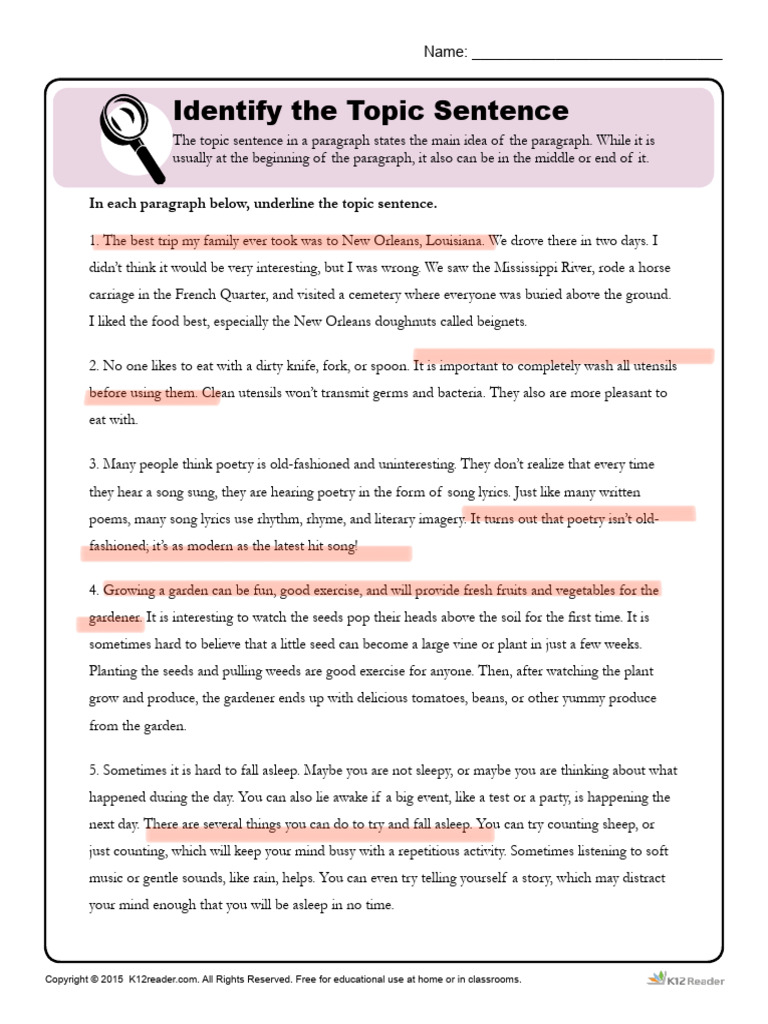 Identify The Topic Sentence | PDF | Poetry