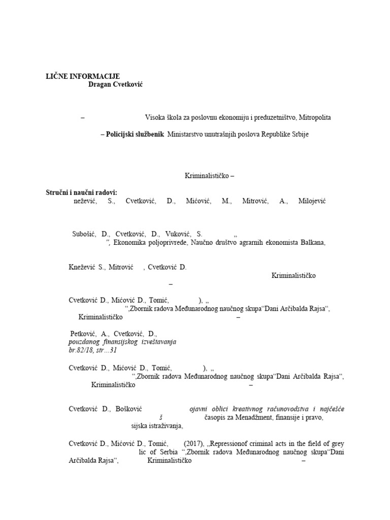 Dragan Cvetkovic CV Evropski Format Biografije | PDF