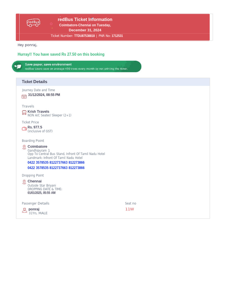 Coimbatore to Chennai redBus Ticket Details | PDF | Bus | Transport