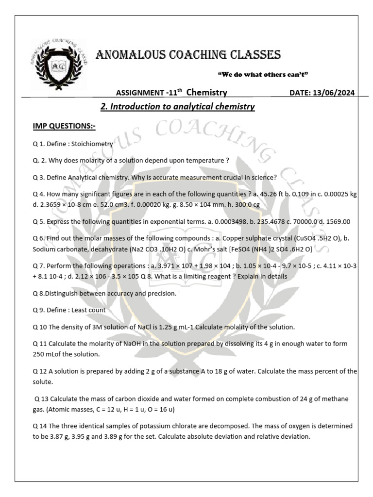 Assignment-2. Introducation To Analytical Chemistrydocx | PDF | Mole ...