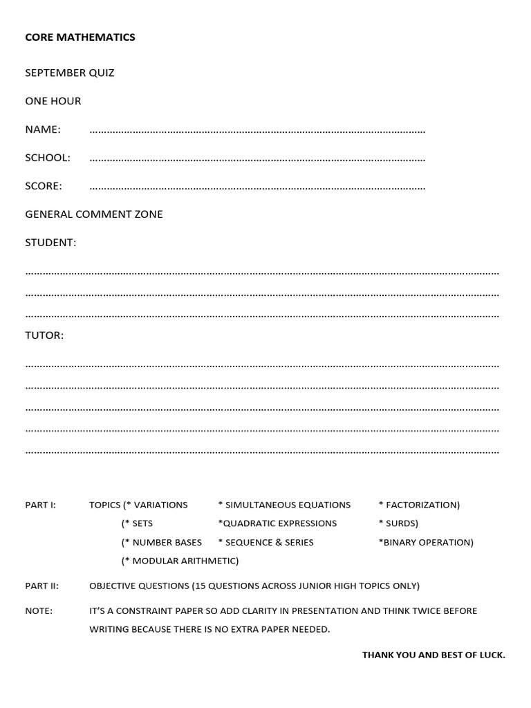 Revisional Quiz Core Maths | PDF