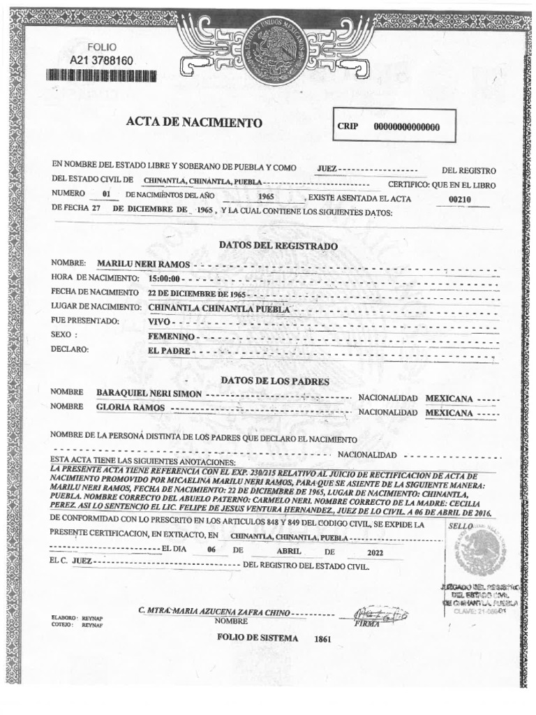 Acta de Nacimiento | PDF