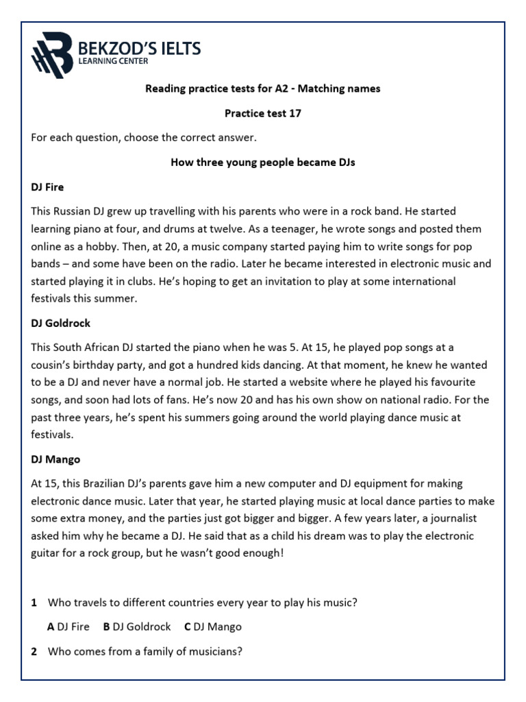 Reading Practice Tests For A2 Matching Names Practice Test 17 | PDF