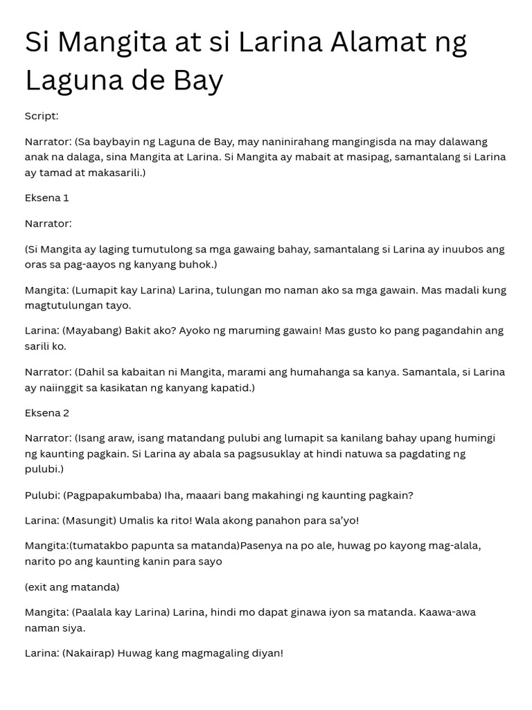 Si Mangita at Si Larina Alamat NG Laguna de Bay PDF | PDF