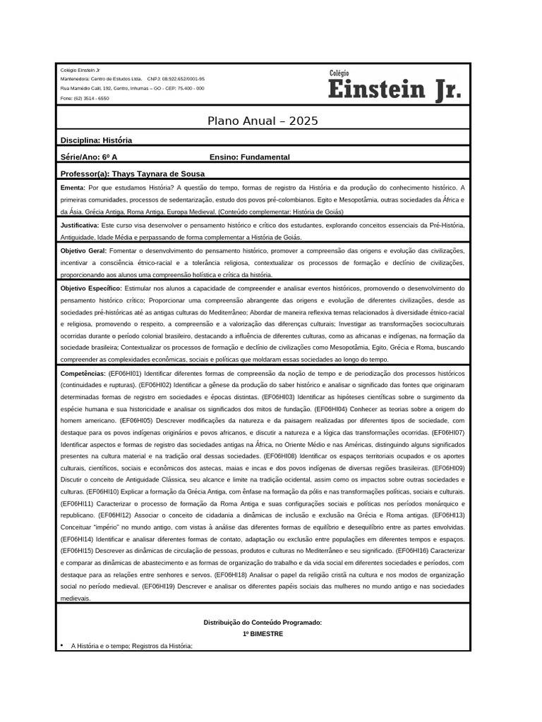 Planejamento Anual - 6º Ano A - 2025 | PDF | História Antiga | Grécia