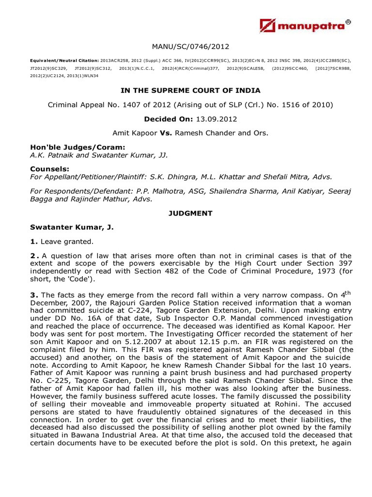 Amit Kapoor v. Ramesh Chander (SC) | PDF | Aiding And Abetting | Prosecutor