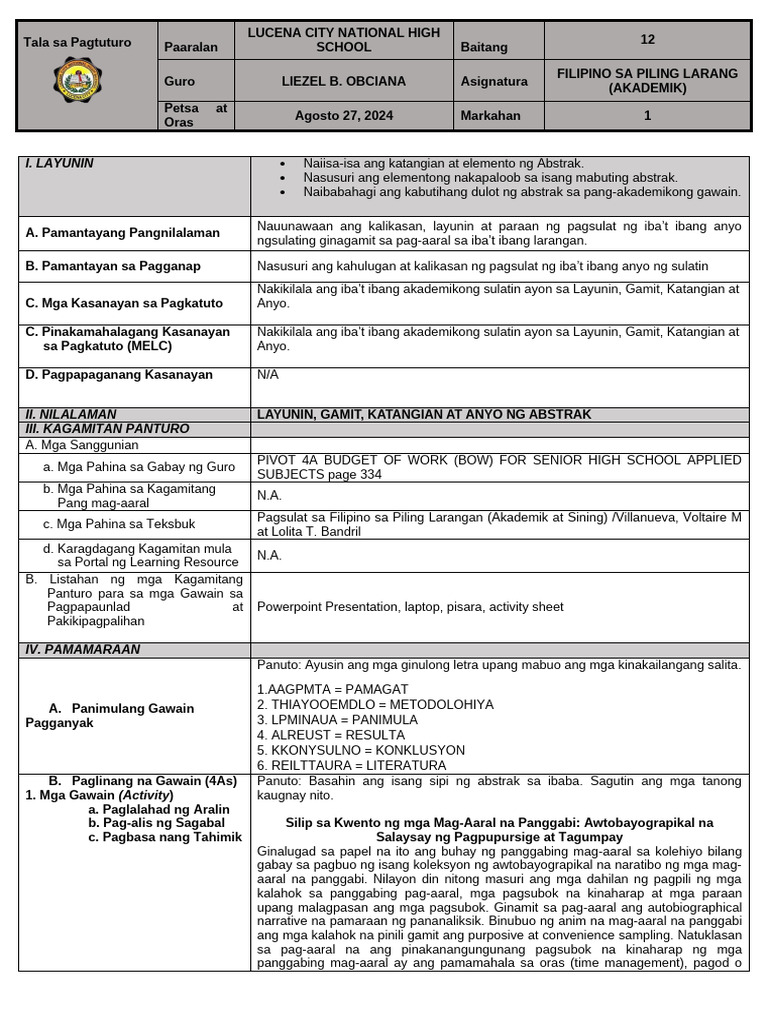 Quarter 1 - Day 5 - Katangian, Layunin, Gamit at Anyo NG Abstrak | PDF