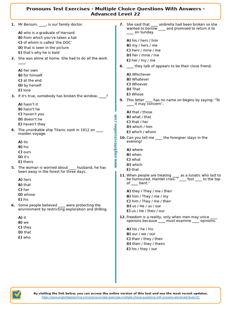 521 - Pronouns Test Exercises Multiple Choice Questions With Answers ...