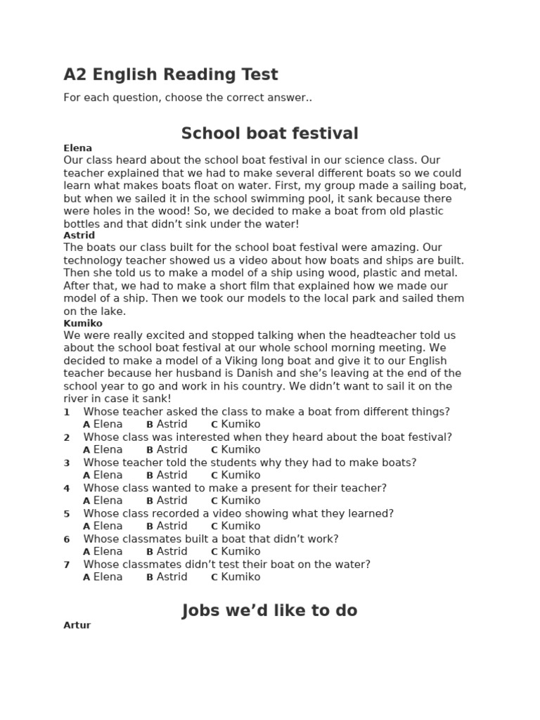 A2 English Reading Test | PDF | Cakes