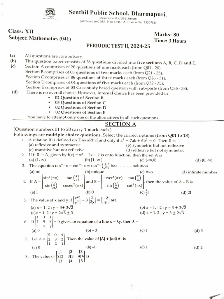 Class 12 Maths Periodic Exam | PDF