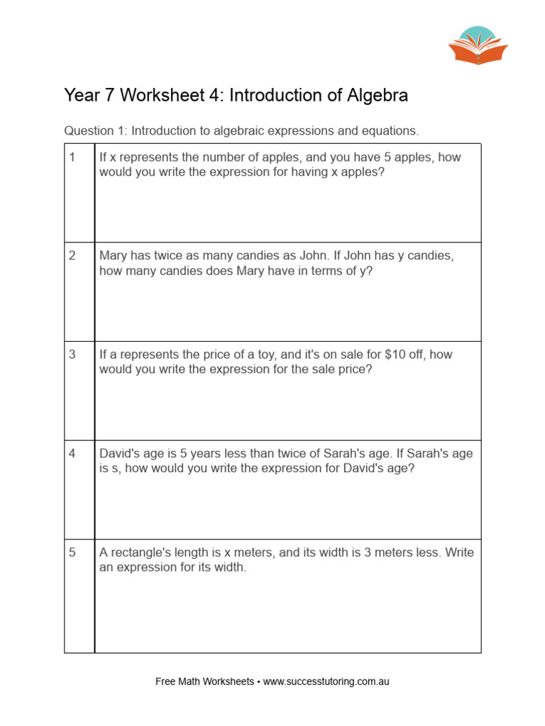 Year 7 Algebra Introduction Worksheet | PDF | Area | Length