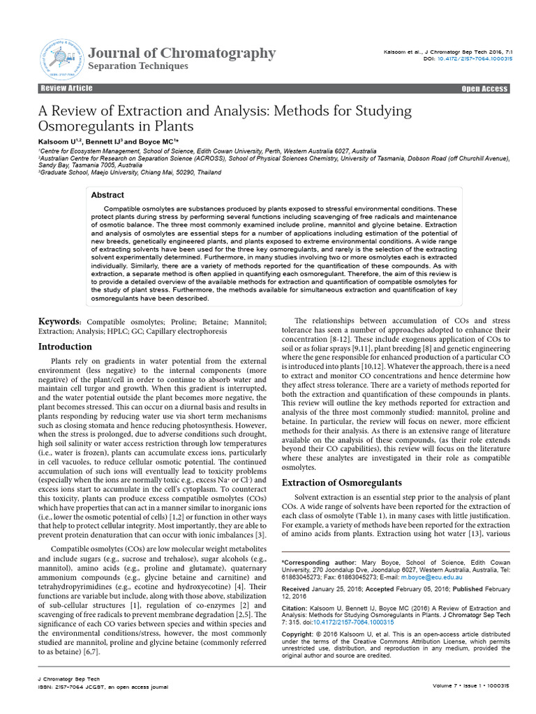 A Review of Extraction and Analysis Methods For Studyingosmoregulants ...