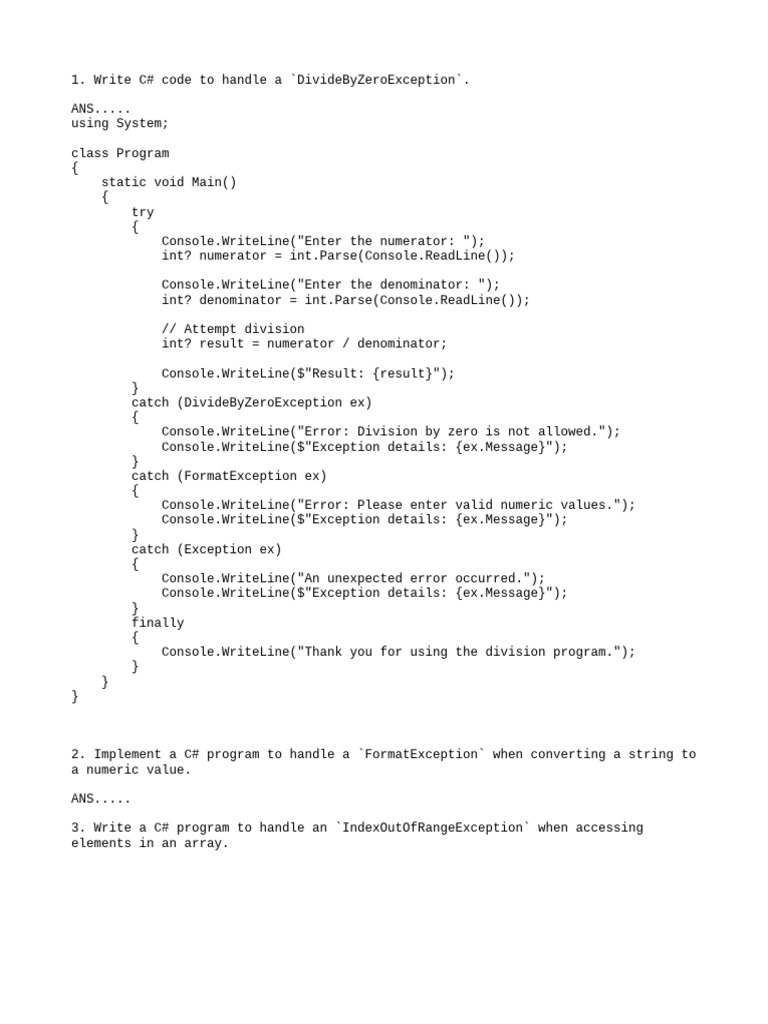 C# Exception Handling Examples | PDF
