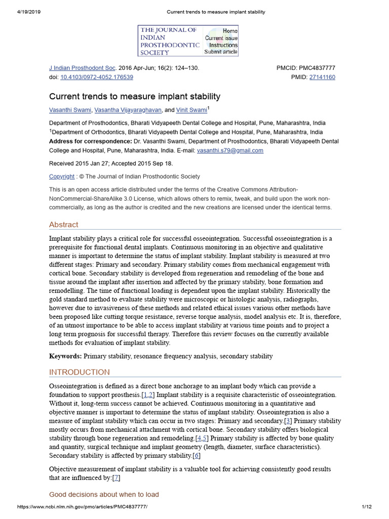 Current Trends To Measure Implant Stability | PDF | Dental Implant
