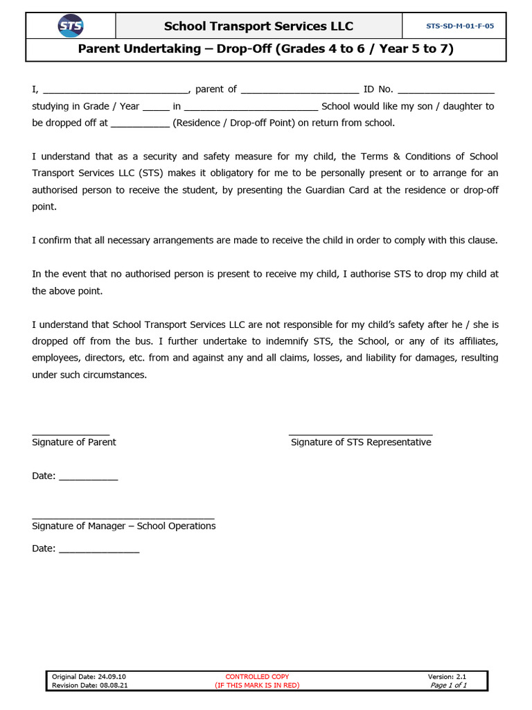 STS-SD-M-01-F-05 Parent Undertaking - Drop-Off Students of Grades 4 To 6 Ver.2.1 | PDF