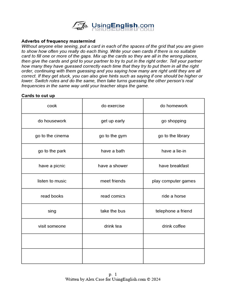 Adverbs of Frequency Mastermind | PDF