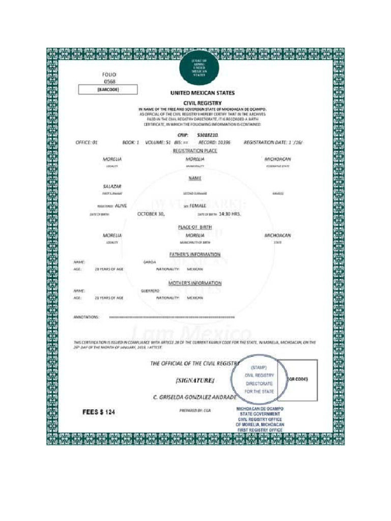Certificado de Nacimiento Mexico | PDF