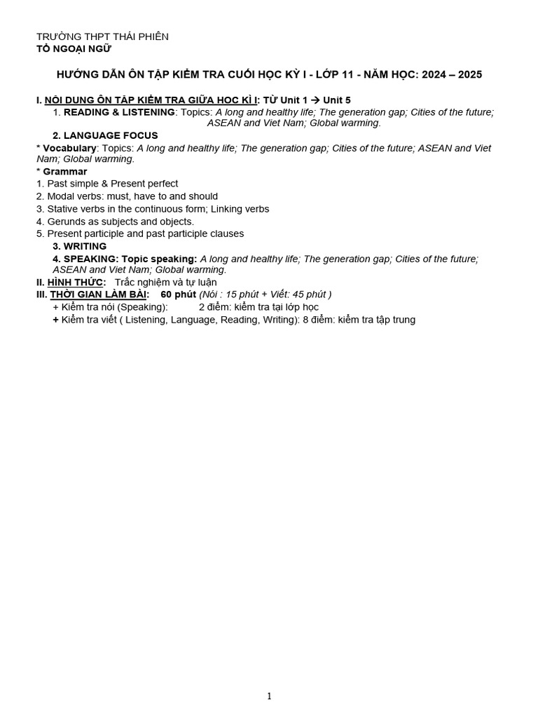 CK1 - TIẾNG ANH - LỚP 11 - HD ÔN TẬP KT CK1 - 24-25 | PDF | Climate Change | Nature