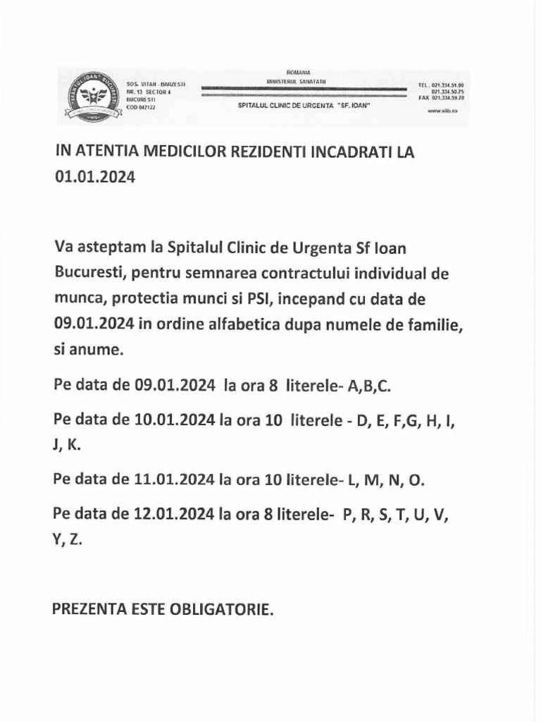 In Atentia Medicilor Rezidenti Incadrati 01.01.2024 | PDF