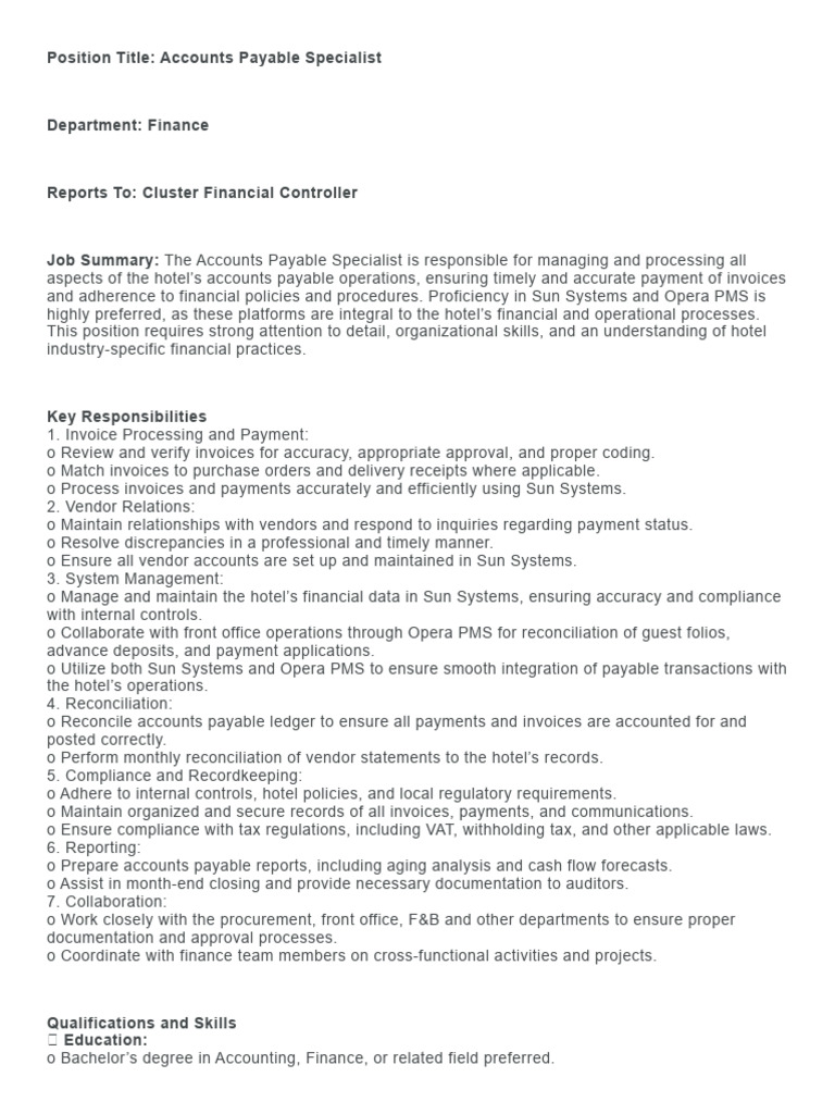Accounts Payable Specialist Role | PDF | Accounts Payable | Regulatory ...