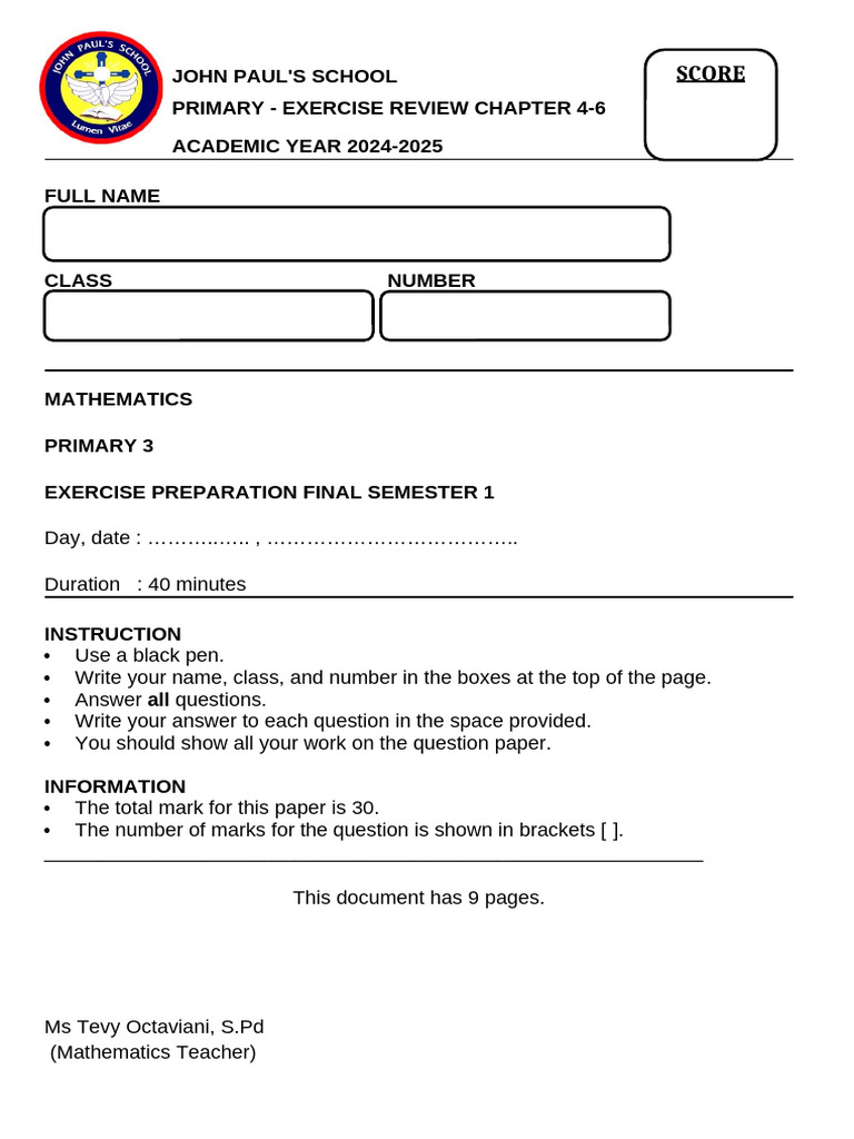 Exercise Review Chapter 4-6 Preparation Final Semester 1 | PDF | Litre | Quantity
