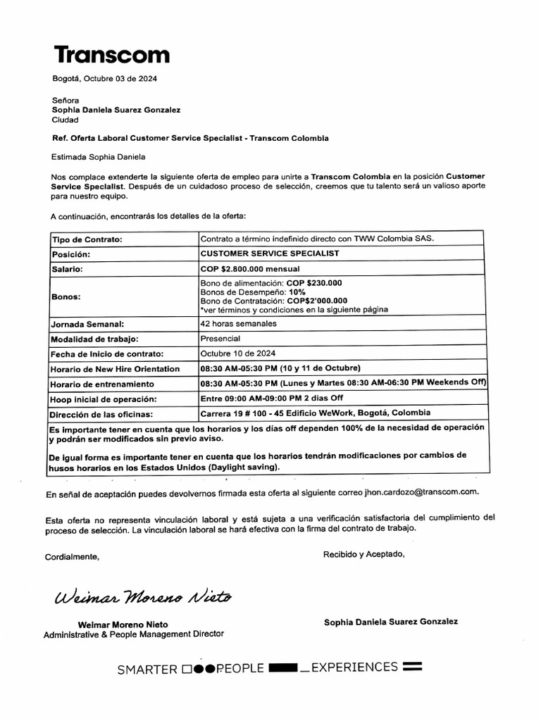 Job Offer Sophia Daniela Suarez Gonzalez | PDF