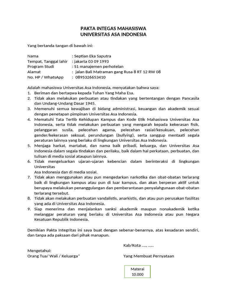 Pakta Integritas Mahasiswa UIA | PDF
