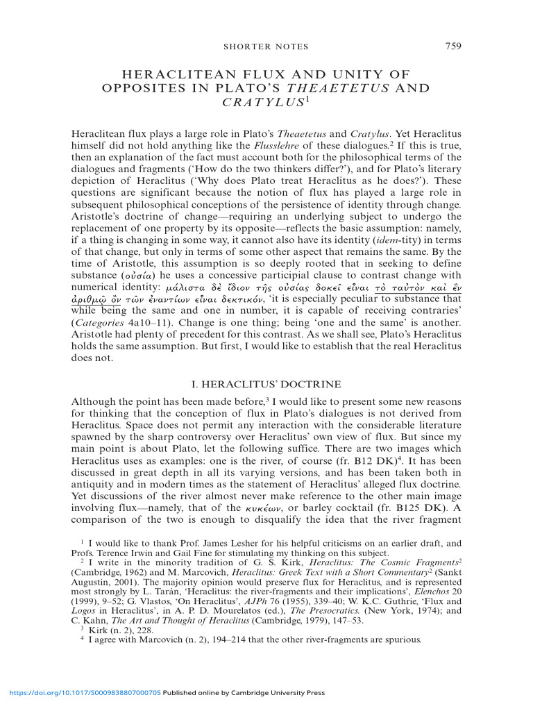 Heraclitean Flux and Unity of Opposites in Plato S Theaetetus and ...