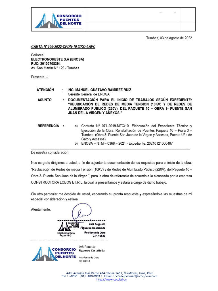 Carta #166 - 2022-Cpdn-10.3-Ro-Lafc - Inicio de Trabajos Reubicacion de ...