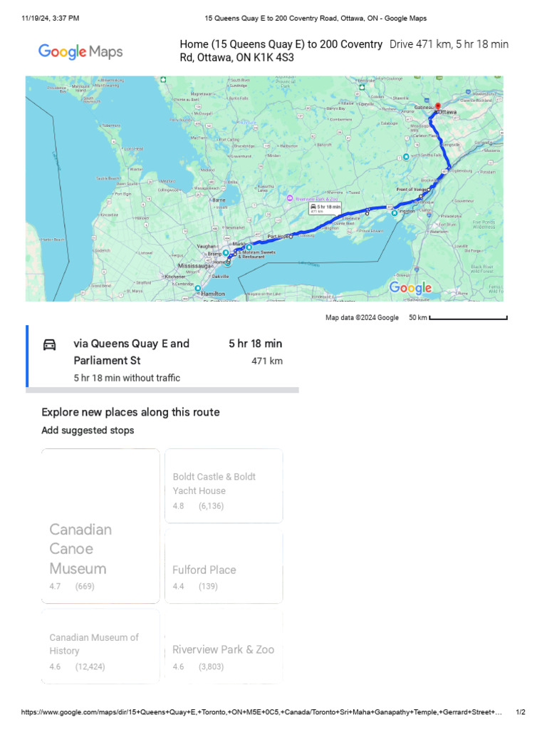 15 Queens Quay E To 200 Coventry Road, Ottawa, ON - Google Maps | PDF