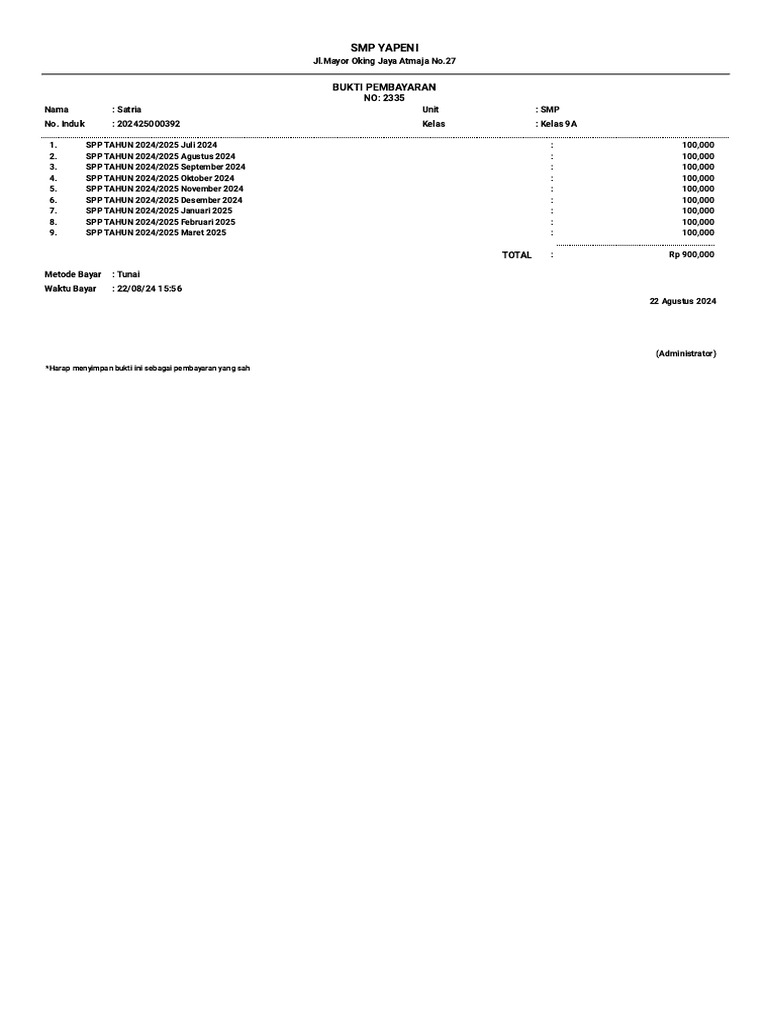 NOTA_PEMBAYARAN_2335_202425000392_Satria_Kelas_9A_2024-2025 | PDF