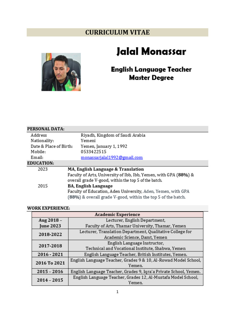 Jalal Monassar, CV TEFL 2024 1 | PDF | Yemen | World Politics