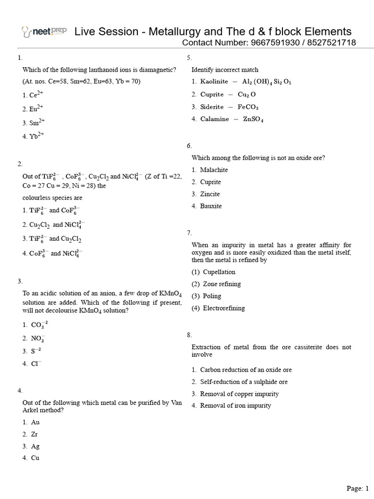 SUPER REVISION 11 Aug Metallurgy and D & F Block Elements | PDF | Redox ...