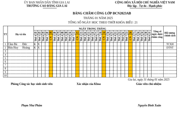 Mau Bang Cham Cong.2024 t12 | PDF