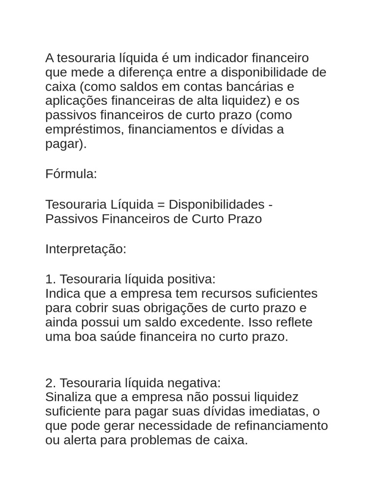 Tesouraria Líquida: Definição e Fórmula | PDF
