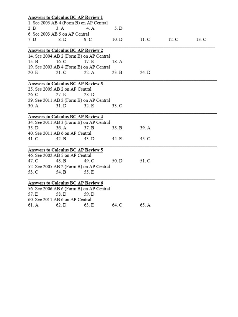 Answers to Calculus BC AP Review Sheets (1) | PDF