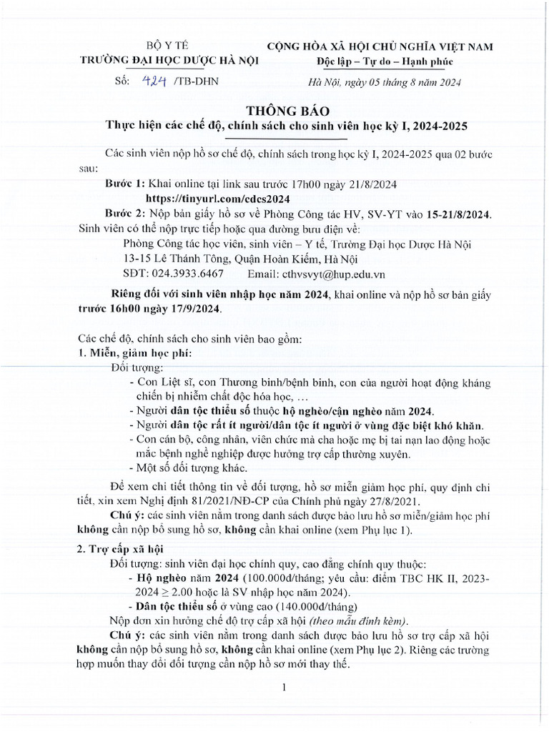 3. Thông báo các chế độ chính sách cho sinh viên - HK I, 2024-2025 | PDF
